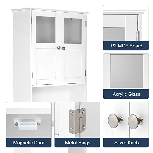 Bonnlo Over Toilet Storage, Bathroom Space Saver with Double Door Glass Window Cabinet Tower with Adjustable Shelf (White)