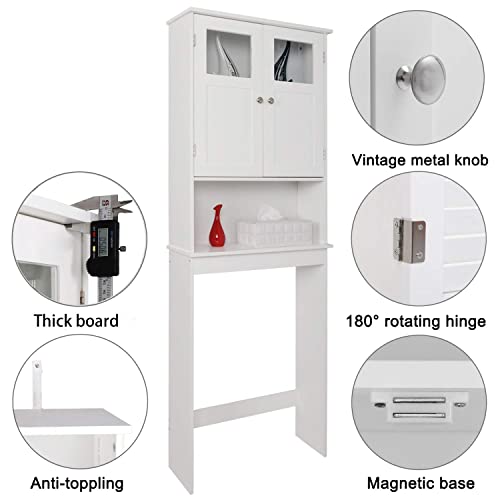 Bonnlo Over Toilet Storage, Bathroom Space Saver with Double Door Glass Window Cabinet Tower with Adjustable Shelf (White)