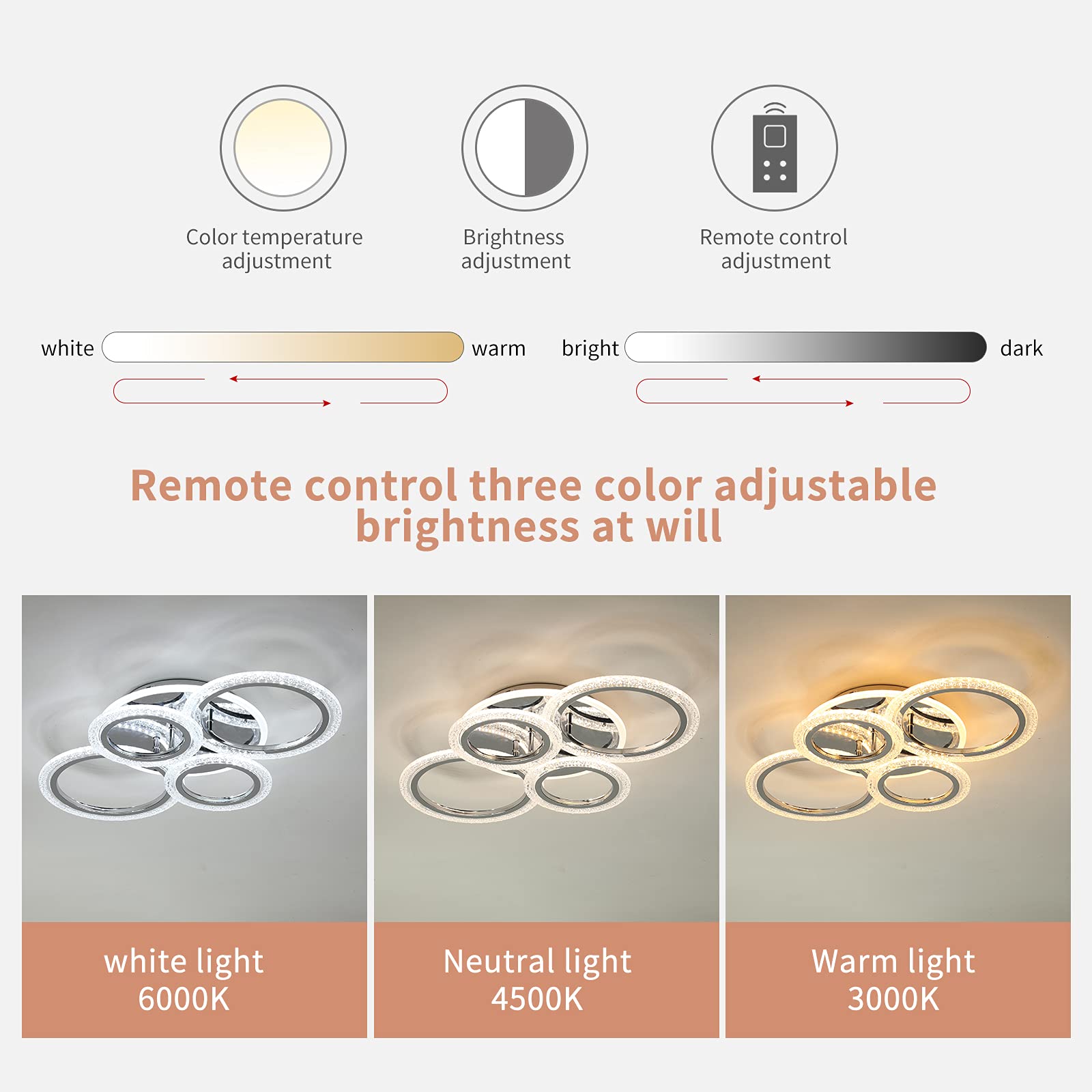 Garwarm Modern Ceiling Light 58W Dimmable Flush Mount LED Ceiling Lamp 4 Rings Acrylic Ceiling Chandelier for Living Room Dining Room Bedroom,Chrome