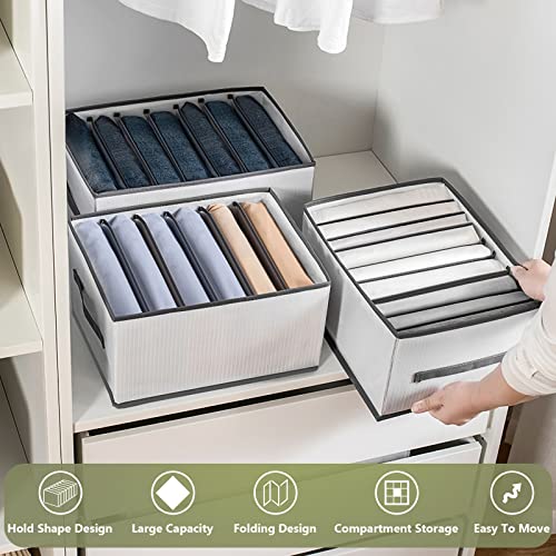 TOOVREN Jeans Organizer for Closet Extra Large 7 Grids, Upgraded Wardrobe Clothes Organizer with Handle, Sturdy Foldable Clothes Storage Box for Adults Jeans Pants, Sweaters (Built-In PP Board),3 Pack