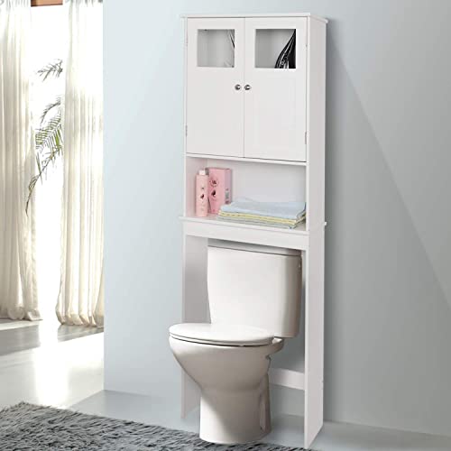 Bonnlo Over Toilet Storage, Bathroom Space Saver with Double Door Glass Window Cabinet Tower with Adjustable Shelf (White)