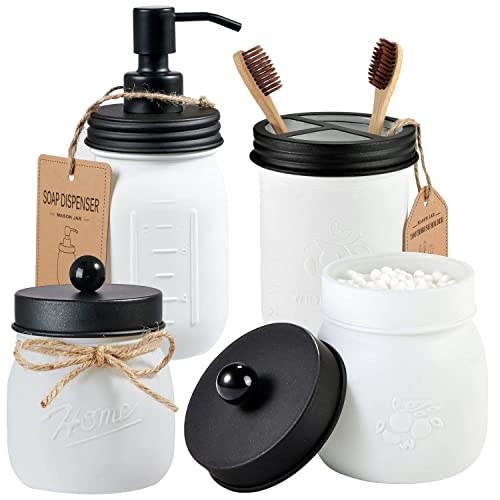 Mason Jar Bathroom Accessories Set (4 Pack)āWhite Retro Mason Jar Lotion Soap Dispenser & 2 Apothecary Jars & Toothbrush Holder- Rustic Farmhouse Restroom, Bathroom Decor Countertop Organizer (Black)