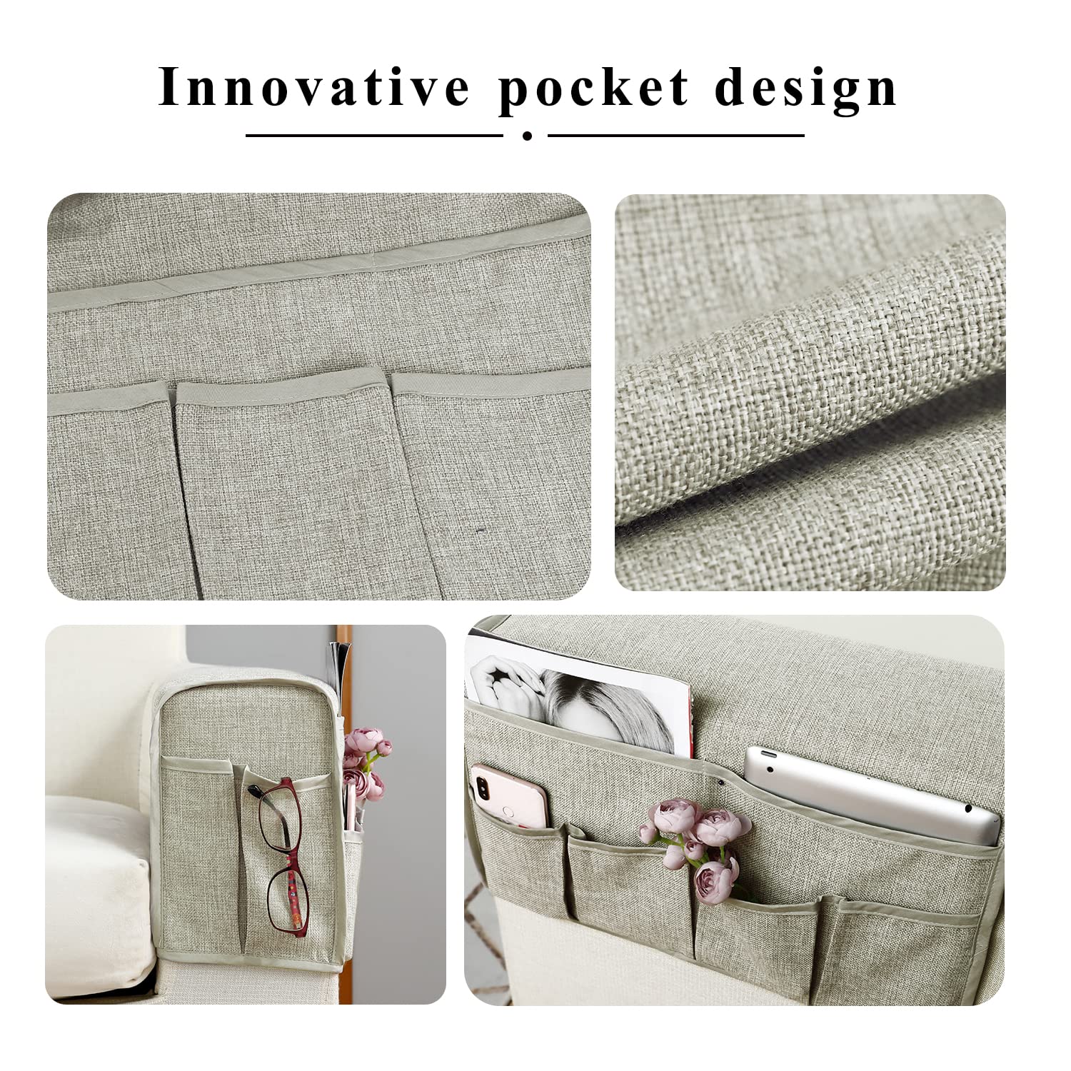 Joywell Anti-Slip Armrest Covers with 8 Pockets for Sofa Couch, Armchair Caddy & Organizer for Remote Control, Phone, iPad, Super Durable Arm Protector for Dog, Cat, Pets, 1 Pcs, Silver Grey