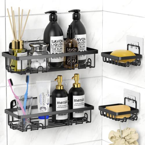 MOKANI Shower Caddy Basket Shelf with Soap Dishes-4 Packs,No Drilling Adhesive Shower Caddy Shelf Organizer with Hooks,Rustproof Bathroom Shelf for Bathroom Kitchen