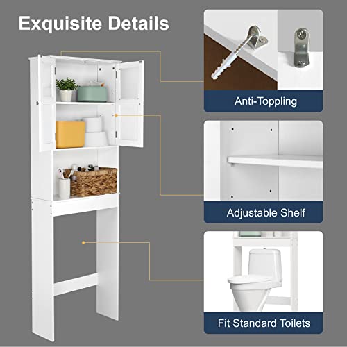 Bonnlo Over Toilet Storage, Bathroom Space Saver with Double Door Glass Window Cabinet Tower with Adjustable Shelf (White)