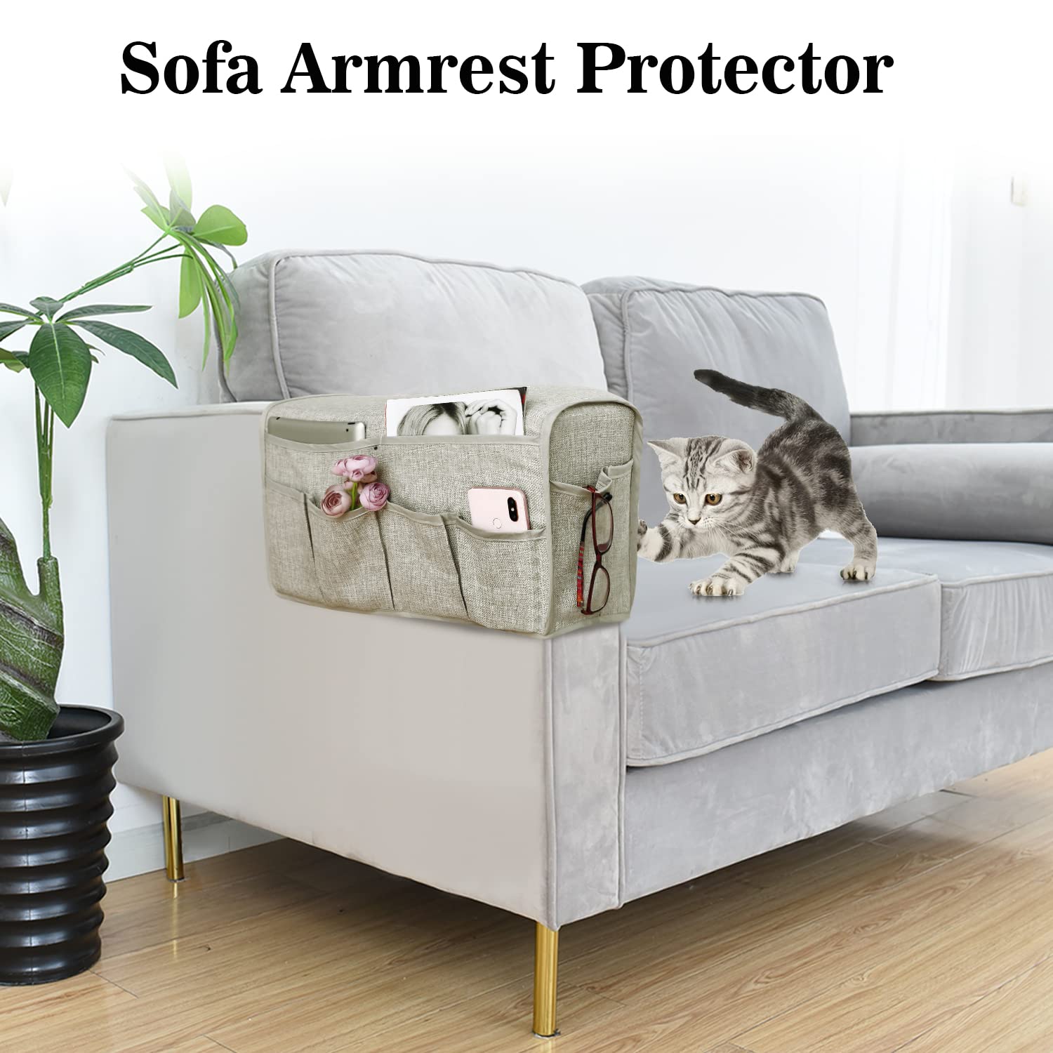 Joywell Anti-Slip Armrest Covers with 8 Pockets for Sofa Couch, Armchair Caddy & Organizer for Remote Control, Phone, iPad, Super Durable Arm Protector for Dog, Cat, Pets, 1 Pcs, Silver Grey