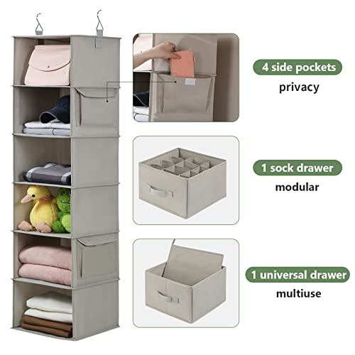 Vailando 6-Shelf Hanging Closet Organizer, Hanging Shelves for Closet with 2 Large Drawer&1 Drawer w/Compartment, 12'' x 12'' x 48.8'', Baby Organizer for Nursery