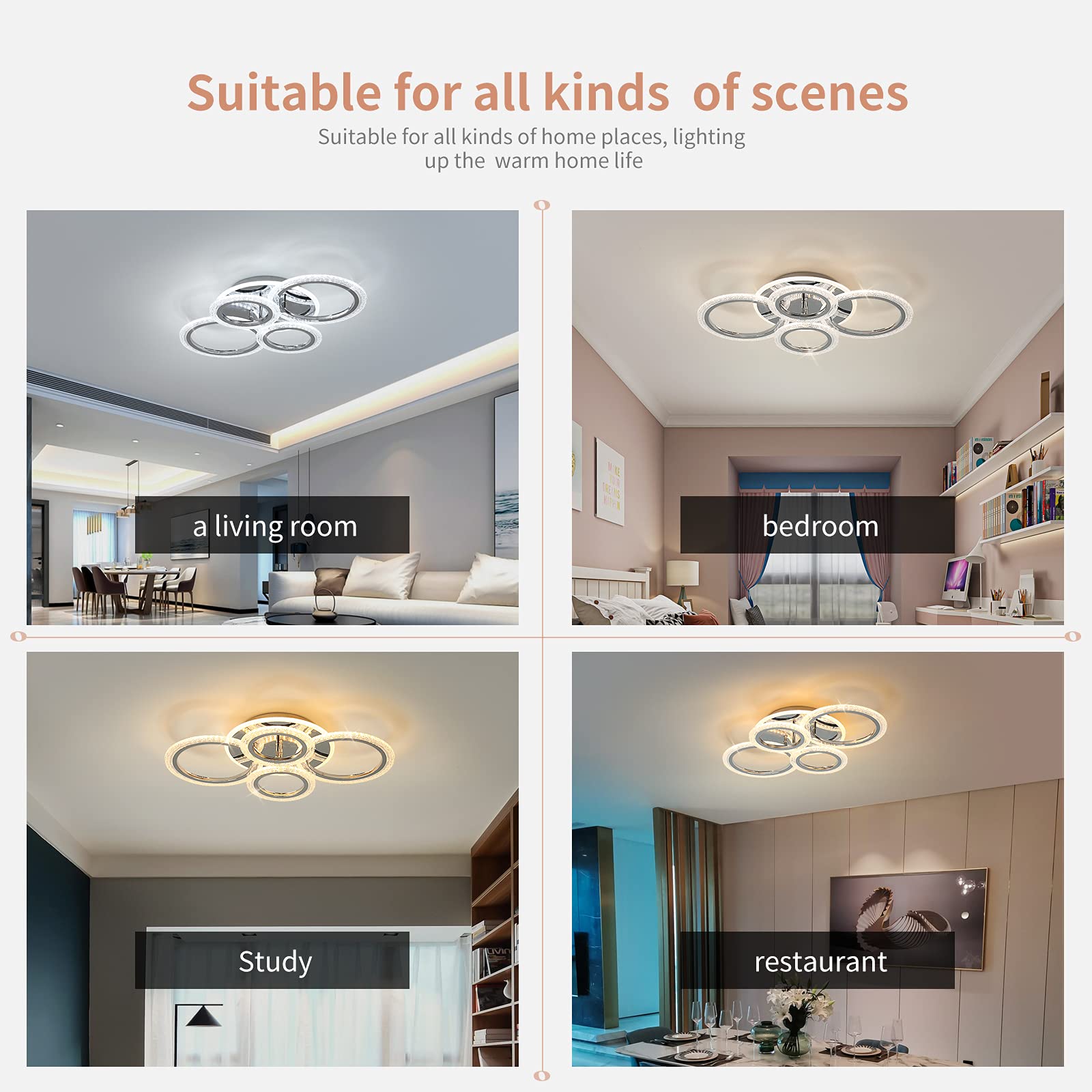 Garwarm Modern Ceiling Light 58W Dimmable Flush Mount LED Ceiling Lamp 4 Rings Acrylic Ceiling Chandelier for Living Room Dining Room Bedroom,Chrome