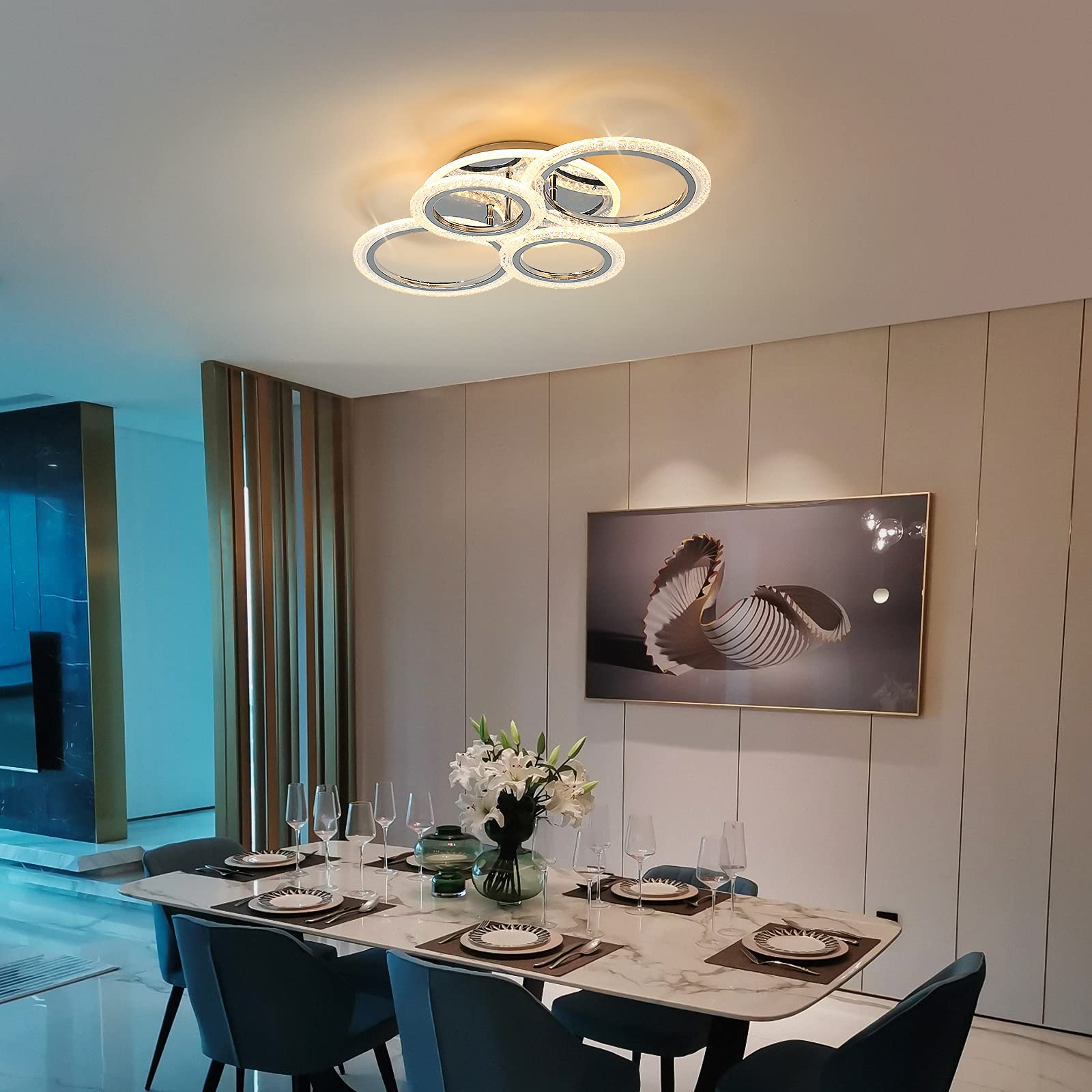Garwarm Modern Ceiling Light 58W Dimmable Flush Mount LED Ceiling Lamp 4 Rings Acrylic Ceiling Chandelier for Living Room Dining Room Bedroom,Chrome