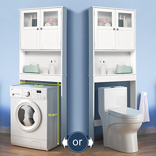 Bonnlo Over Toilet Storage, Bathroom Space Saver with Double Door Glass Window Cabinet Tower with Adjustable Shelf (White)
