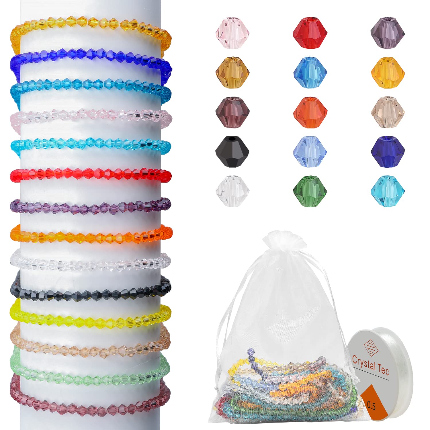 3mm Bicone Glass Beads – 1950 Pcs Faceted Crystal Beads in 15 Colors with Elastic String for DIY Jewelry Making, Necklaces, Bracelets, Earrings, and Rings