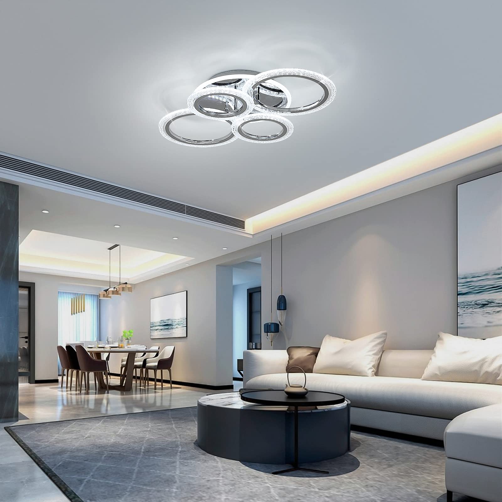 Garwarm Modern Ceiling Light 58W Dimmable Flush Mount LED Ceiling Lamp 4 Rings Acrylic Ceiling Chandelier for Living Room Dining Room Bedroom,Chrome