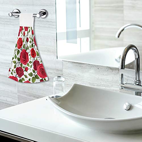 YYZZH Red Rose Flower with Green Leaf Floral Print Valentines Day Design Kitchen Hand Towels with Hook & Loop Set of 2 Absorbent Bath Hand Towel Hanging Tie Towel