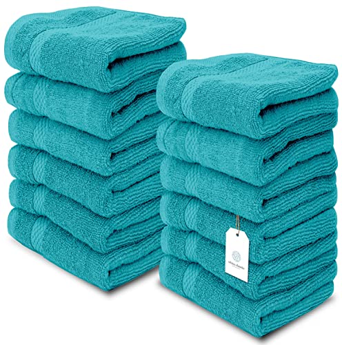White Classic Luxury Cotton Washcloths | 12 Pack Luxury Bath Mat | 2 Pack Bundle (Aqua)