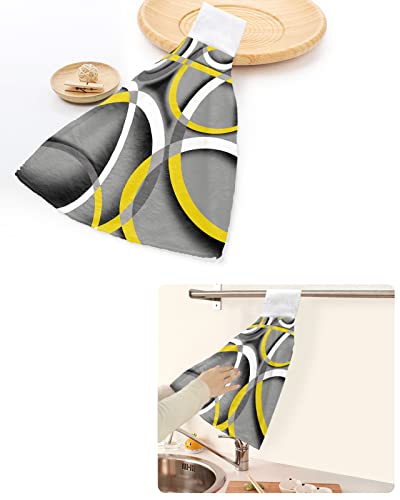 LBDOMOV Yellow Geometry Kitchen Hand Towel, Soft Hanging Dish Towels with Loop for Bathroom, Abstract Modern Grey Art Decor Absorbent Drying Cleaning Cloth Dishclothes Decorative Sets, 2-PC