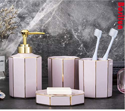 WPM WORLD PRODUCTS MART 4 Piece Ceramic Bathroom Accessories Set - Blush Rose Pink Gold - Complete Bath Decor Kit Includes Designer Soap and Lotion Dispenser - Cup - Tumbler - Soap Dish (DESIGN2)