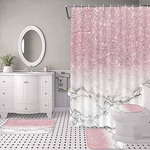 juwute 4 Pcs Pink Shower Curtain Set Marble Bathroom Shower Curtain Sets with Rugs and Accessories,Shiny Toilet Lid Cover Bath Mat and Flash Contour Mat Sets,12 Hooks,Polyester,Waterproof