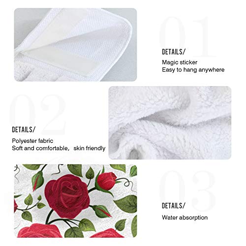 YYZZH Red Rose Flower with Green Leaf Floral Print Valentines Day Design Kitchen Hand Towels with Hook & Loop Set of 2 Absorbent Bath Hand Towel Hanging Tie Towel