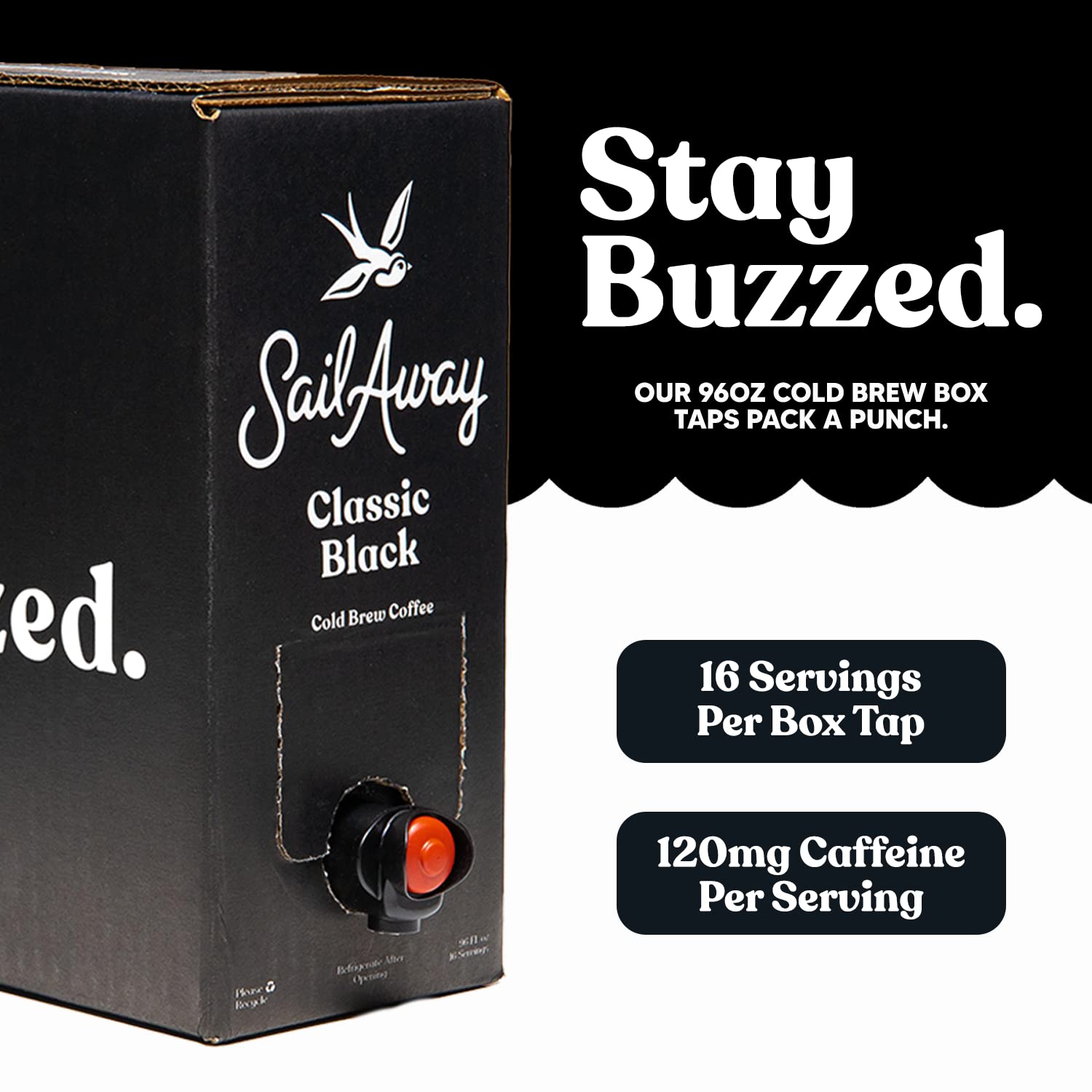 Sail Away Coffee Cold Brew Coffee Box Taps- Less Acidic Coffee Beverages | 120mg Caffeine, Gluten Free, Organic, Keto, Classic Black, 96 Fl. Oz.