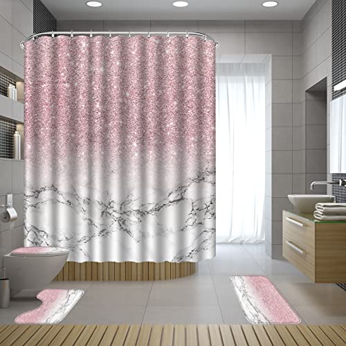 juwute 4 Pcs Pink Shower Curtain Set Marble Bathroom Shower Curtain Sets with Rugs and Accessories,Shiny Toilet Lid Cover Bath Mat and Flash Contour Mat Sets,12 Hooks,Polyester,Waterproof