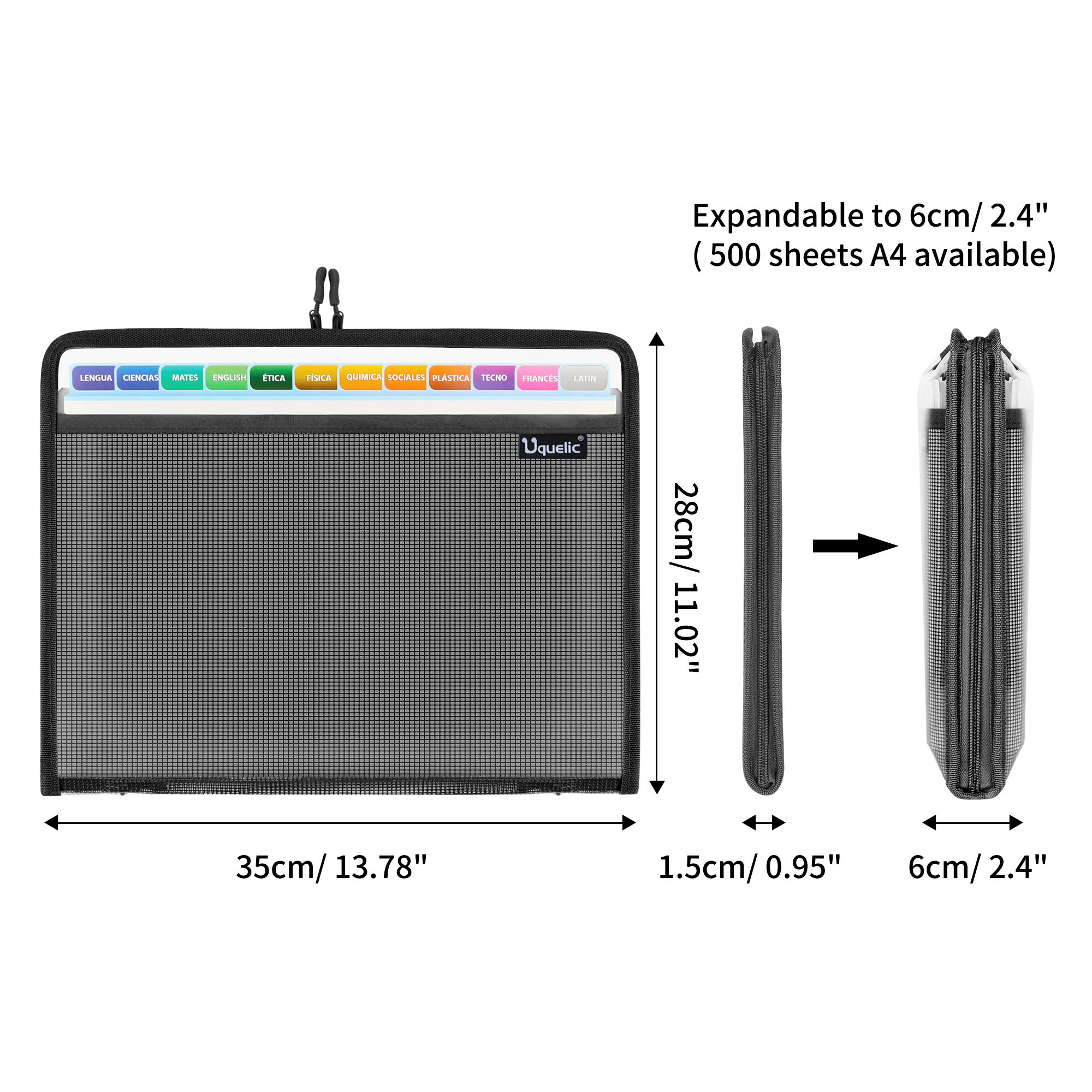 Uquelic 13 Pocket Zip Expanding File Folder, A4, Black, Vinyl