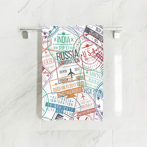 ZZAEO Travel Passport Stamps Towel Hand Towel, 30 x 15 inch Thin Lightweight Soft Absorbent Fingertip Towel for Home Bathroom Theme Decor