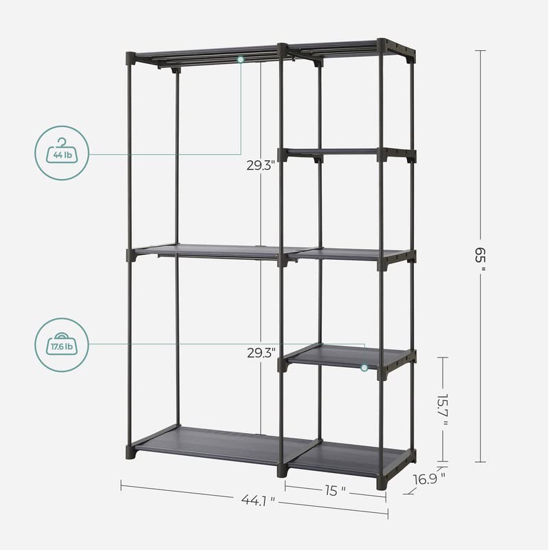 SONGMICS Freestanding Closet Organizer, 44-Inch Clothes Rack with 2 Hanging Rods, Portable Wardrobe Clothes Organizer with 4 Storage Shelves, Gray URYG024G02