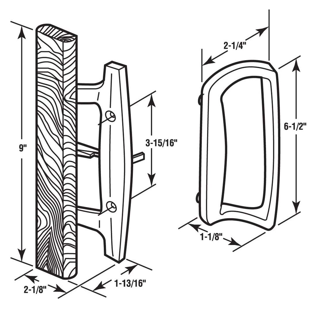 Mortise Style Reversible Sliding Patio Door Handle Set with Oak Wood Interior Handle and Exterior Pull in White Diecast Finish Fits 3-15/16” Screw Hole Spacing, Non-keyed with Latch Locks (Black)