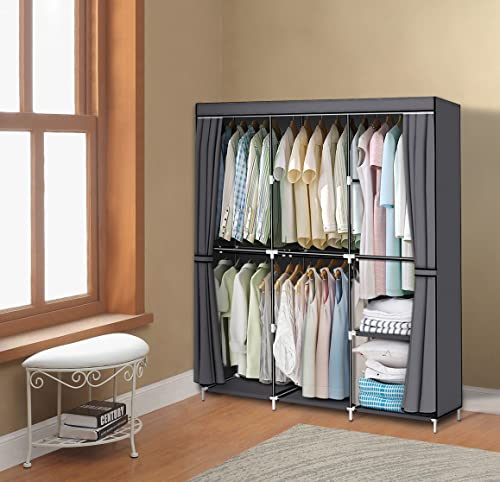 YOUUD Portable Closet 50 Inch Wardrobe Closet for Hanging Clothes with Non-Woven Fabric Cover and Hanging Rods, Quick and Easy Assembly, Grey