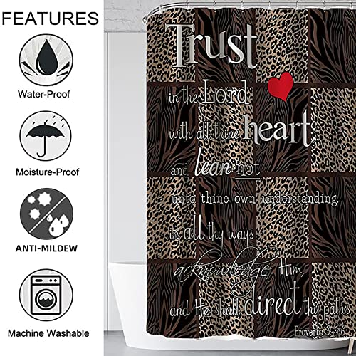 GUDAGUU 4 Pcs Leopard Print Bathroom Shower Sets Includes Brown Shower Curtain Bath Rug U Shape Mat Toilet Seat Cover and Hooks, 71 inch Size Long Bathroom Accessories Decor