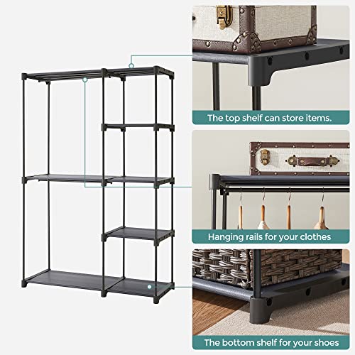 SONGMICS Freestanding Closet Organizer, 44-Inch Clothes Rack with 2 Hanging Rods, Portable Wardrobe Clothes Organizer with 4 Storage Shelves, Gray URYG024G02