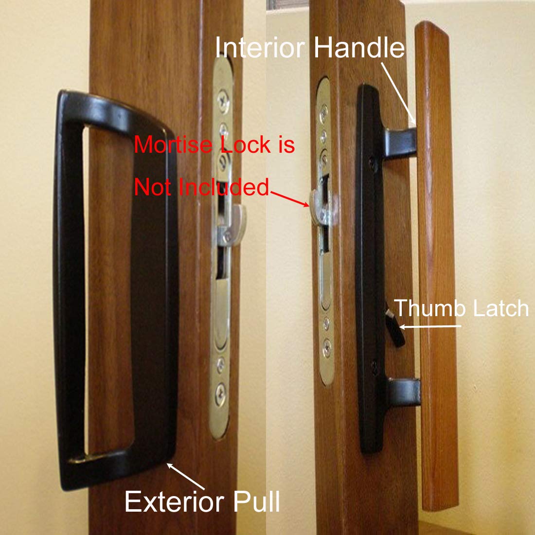 Mortise Style Reversible Sliding Patio Door Handle Set with Oak Wood Interior Handle and Exterior Pull in White Diecast Finish Fits 3-15/16” Screw Hole Spacing, Non-keyed with Latch Locks (Black)