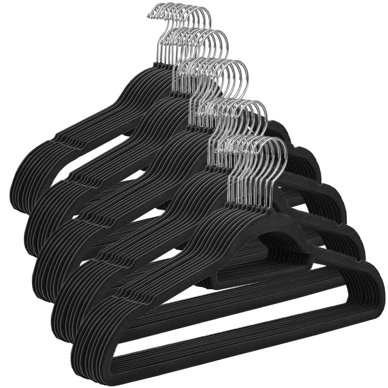 SPORWLIK Premium Velvet Hangers with Tie Bar, Suit Hangers Non-Slip Space Saving Coat Hanger Ultra Thinļ¼Clothes Hangers 360° Swivel Hook for Suit, Shirt Dress & Trouser (Pack of 50)