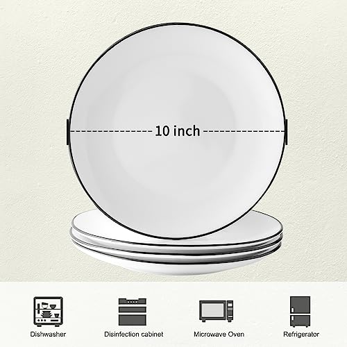 YOLIFE 10 inch Dinner Plate, Set of 4 White and Black Trim Porcelain Plates