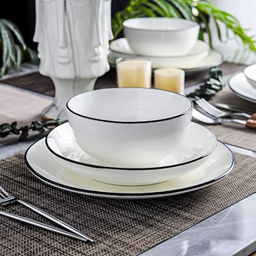 YOLIFE 10 inch Dinner Plate, Set of 4 White and Black Trim Porcelain Plates