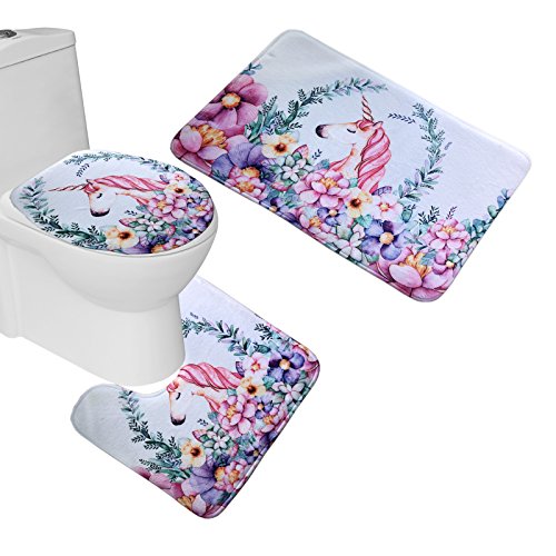Amagical 16 Pieces Shower Curtain Set Bathroom Mat Set Unicorn Printed Bath Mat Contour Mat Toilet Cover Shower Curtain 12 Hooks
