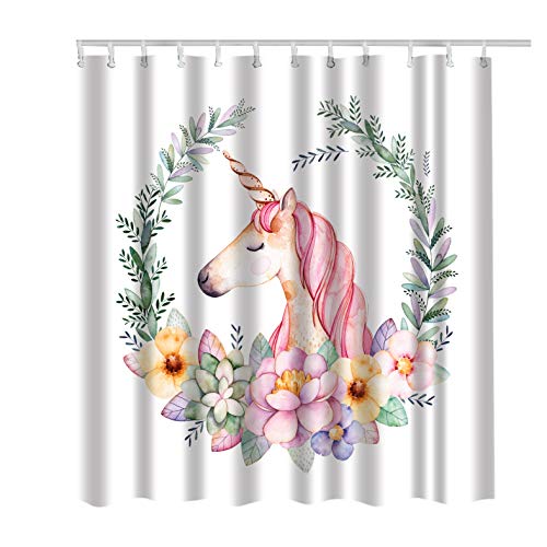 Amagical 16 Pieces Shower Curtain Set Bathroom Mat Set Unicorn Printed Bath Mat Contour Mat Toilet Cover Shower Curtain 12 Hooks