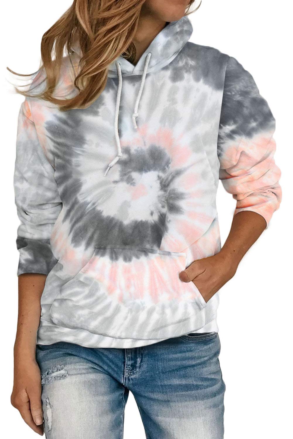 HVEPUO Kangaroo Pocket Hoodie Cute Sweatshirts For Teen Girls Light Grey Hoodie Tie Dye Sweater Plus Size Hoodies Womens Fashion Tops Gray M