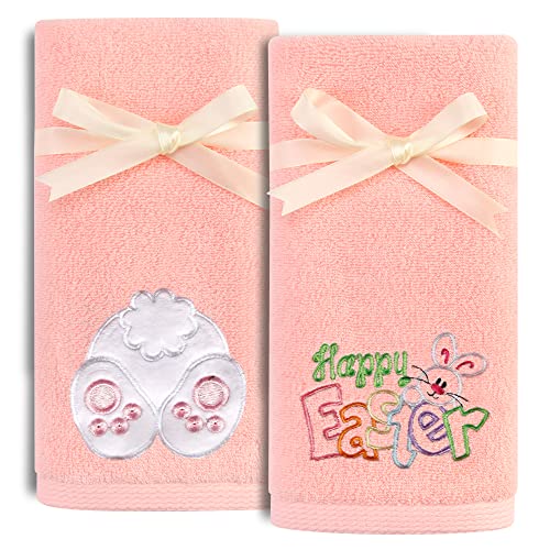 GreenPine 2 Pack Easter Hand Towels Pink Rabbit Tail 100% Cotton Embroidered Premium Luxury Decor Bathroom Decorative Dish Towels Set for Drying, Cleaning, Cooking, Holiday Towels Gift Set 14 "X 29"