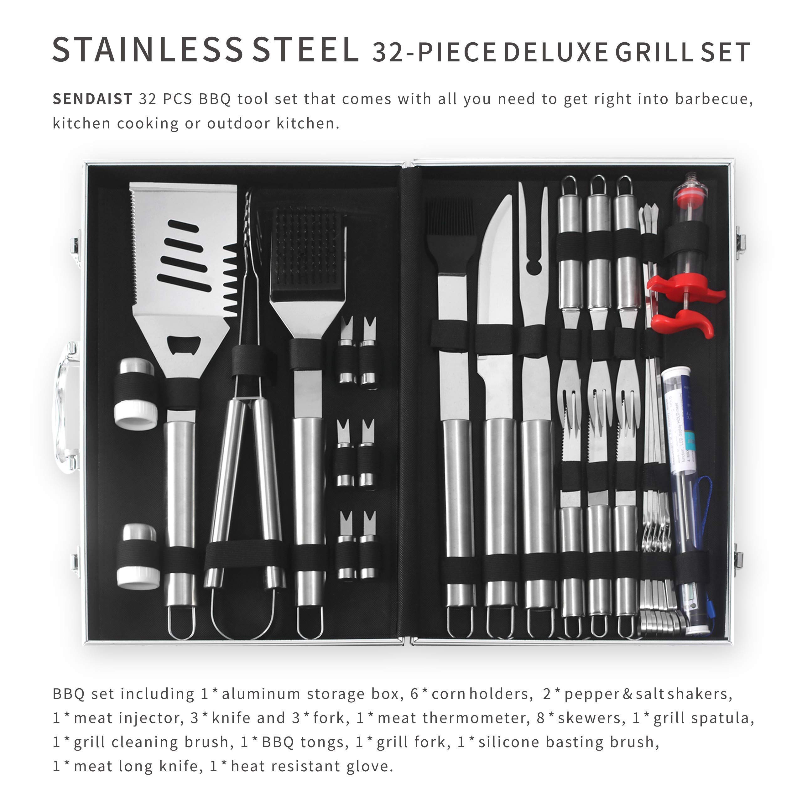 SENDAIST Deluxe BBQ Grill Tool Set β 32 PCS Camping BBQ Grilling Accessories β Portable Grill Utensil Set with Thermometer in Heavy Duty Aluminum Case