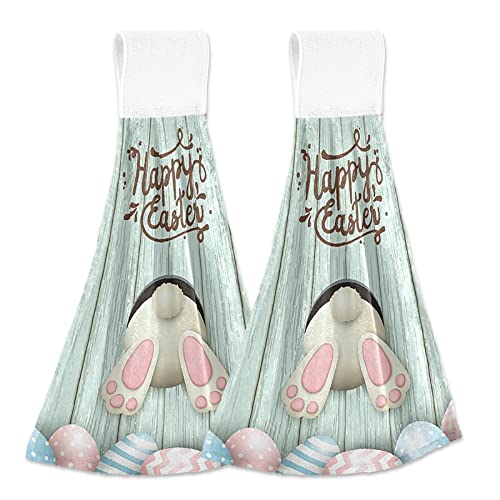 KOCOART Cute Bunny Bottom Kitchen Oven Towels Easter Eggs Hanging Hand Towel with Loop 2 Pieces Super Absorbent Dishcloth Fingertip Tea Bar Dish Towel for Bathroom Tabletop