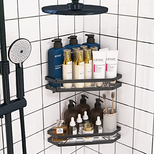 PINNIYOU 2-Pack Corner Shower Caddy, Wall Mounted Bathroom Shelf with Adhesive and 4 Hooks, Storage Organizer for Toilet, Dorm and Kitchen (Black)