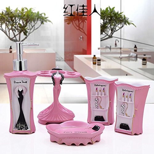 LUANT 5 Piece Bathroom Accessories Set, Collection Bath Set Features Soap Dispenser, Toothbrush Holder, Tumbler, & Soap Dish (Pink)