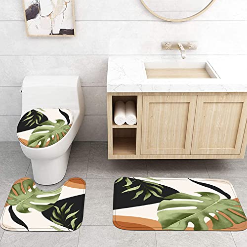 FZDHHY Abstract Tropical Shower Curtain Set Palm Leaf Botanical Bathroom Curtain Set Waterproof Bathtub Curtain with Bathroom Carpet Bath Mat Toilet Rugs