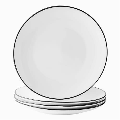 YOLIFE 10 inch Dinner Plate, Set of 4 White and Black Trim Porcelain Plates