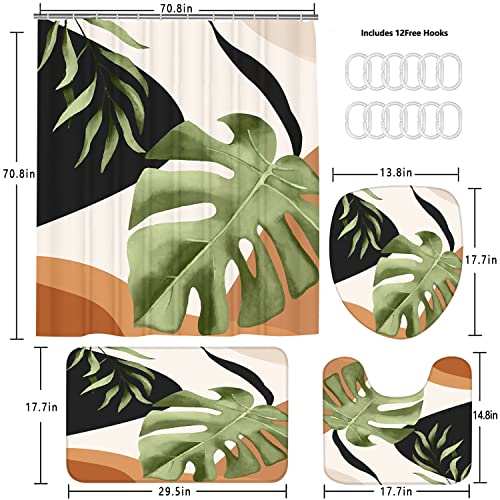 FZDHHY Abstract Tropical Shower Curtain Set Palm Leaf Botanical Bathroom Curtain Set Waterproof Bathtub Curtain with Bathroom Carpet Bath Mat Toilet Rugs