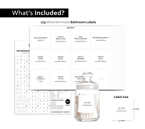 Dekluttr 173 Minimalist Bathroom Labels for Organizing Bathroom Preprinted Waterproof Organization Labels for Storage Bins Containers and Jars Sticks to Glass Plastic and Metal