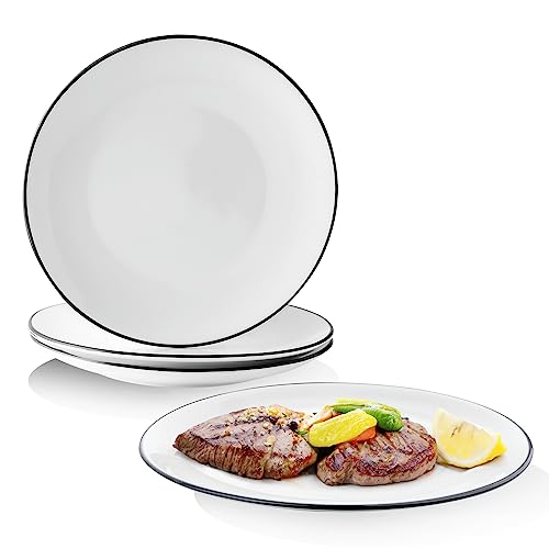 YOLIFE 10 inch Dinner Plate, Set of 4 White and Black Trim Porcelain Plates