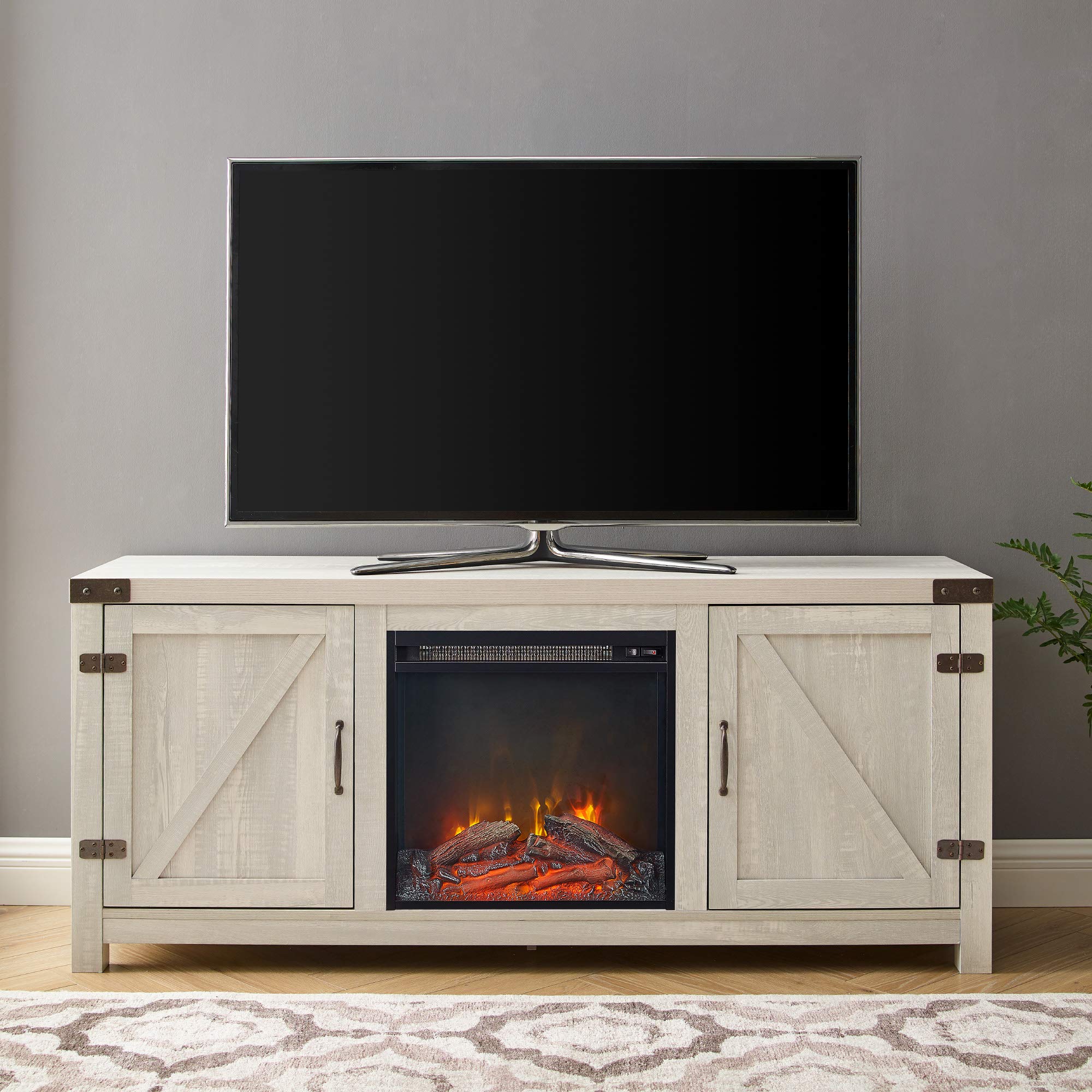 Walker Edison Georgetown Modern Farmhouse Double Barn Door Fireplace TV Stand for TVs up to 65 Inches, 58 Inch, Stone Grey