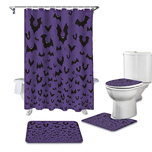 Halloween Scene 4 PCS Shower Curtain Sets, Shower Curtains with Plastic Hooks, Anti-Skid Rugs, Toilet Lid Cover and Soft Bath Mat, for Bathroom Decor Set Flock of Bats Silhouette Purple Style